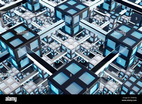 Three Dimensional Render Of Blue Interconnected Cubes Creating Mapped