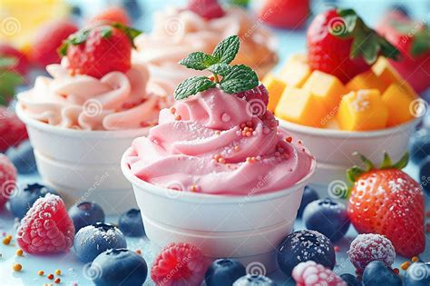 Fresh Strawberry Frozen Yogurt Served In White Bowls Surrounded By
