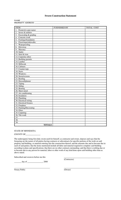 Free Printable Sworn Statement Templates Word Pdf For Construction