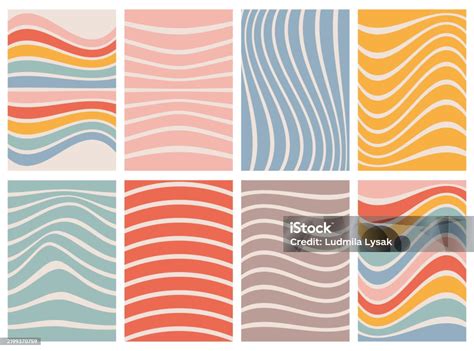 그루비 히피 웨이브 스트라이프 배경 손으로 그린 줄무늬 사각형 템플릿 왜곡된 고르지 않은 줄무늬 뒤틀린 줄무늬 유체 액체 물결 모양의 선 파도 컬렉션 사이키델릭 레트로