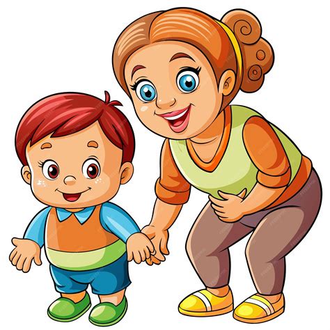 A Cartoon Mother And Son Smiling And Holding Hands Premium Ai