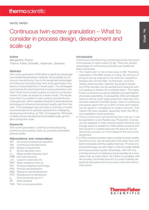Pdf Continuous Twin Screw Granulation What To Consider In Process Design Development And