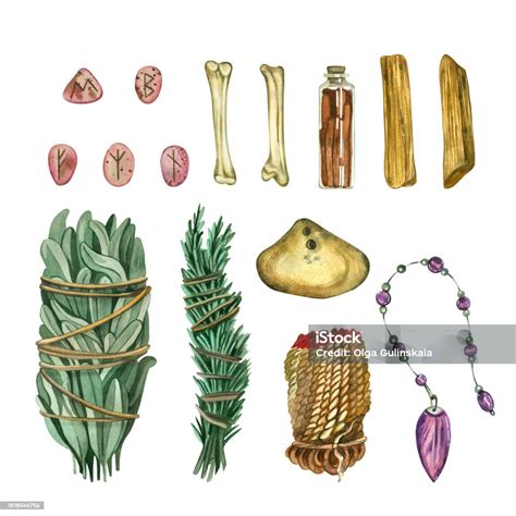 수채화로 그린 수채화 요소 집합입니다 허브 꽃다발 향 아로마 테라피와 운세를 위한 씨앗 진자 수채화로 칠해진 돌에 룬 인쇄에 적합 개념에 대한 스톡 벡터 아트 및 기타