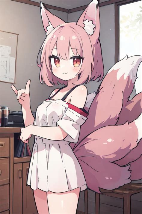 핑크색 머리카락과 흰 드레스를 입고 핑크색 여우를 든 애니메이션 소녀 SeaArt AI