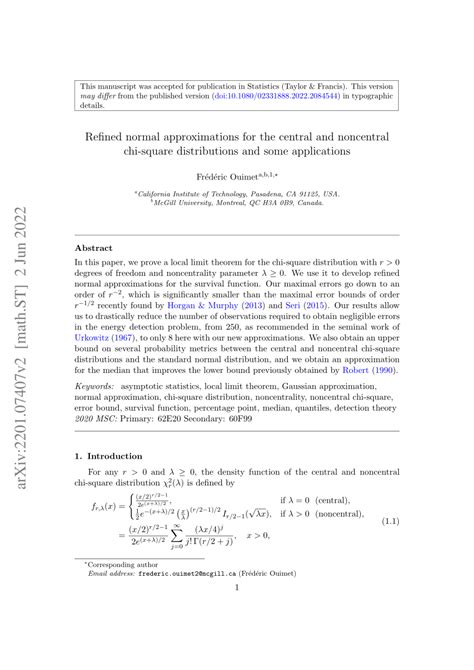 Pdf Refined Normal Approximations For The Central And Noncentral Chi Square Distributions And