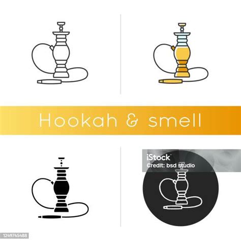 후카 아이콘 시샤 하우스 후카와 시샤 메뉴 나르길 라운지 파이프에서 냄새 기화의 향기 구역 리니어 블랙 및 Rgb 색상 스타일 격리된 벡터 그림 개념에 대한 스톡 벡터 아트