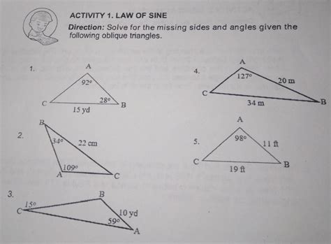 solved activity 1 law of sine direction solve for the missing sides