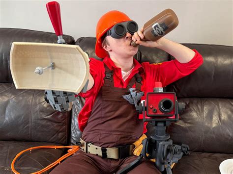 Cosplaying As The Team Fortress 2 Engineer Sipping Beer On A Couch Know Your Meme
