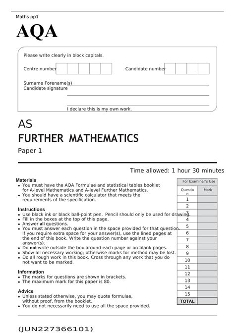 Aqa As Level Further Mathematics 7366 1 Paper 1 June 2022 Question Paper As Level Further
