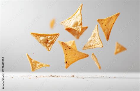 Many Triangle Shaped Nachos Chips Are Flying In Air Against Plain White