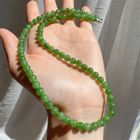 Premium Green Nephrite Jade Beaded Necklace With 925 Sterling Silver Clasp Natural Heart