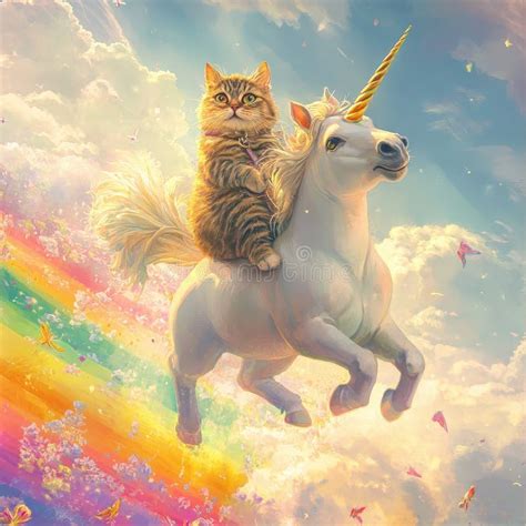 Cat Riding Unicorn Through Rainbow Filled Sky Stock Image Image Of