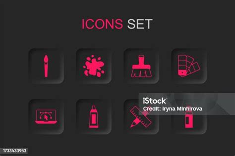 페인트 팔레트 페인트 스프레이 브러시 교차 자 및 연필 색상 가이드 마커 및 컴퓨터 디자인 프로그램 아이콘으로 튜브를 설정합니다