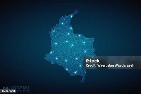 콜롬비아지도 방사형 점선 패턴 미래 스타일 디자인 파란색 원 빛나는 윤곽선은 별입니다 진한 파란색 배경에 대한 의사 소통의 개념 콜롬비아에 대한 스톡 벡터 아트 및 기타