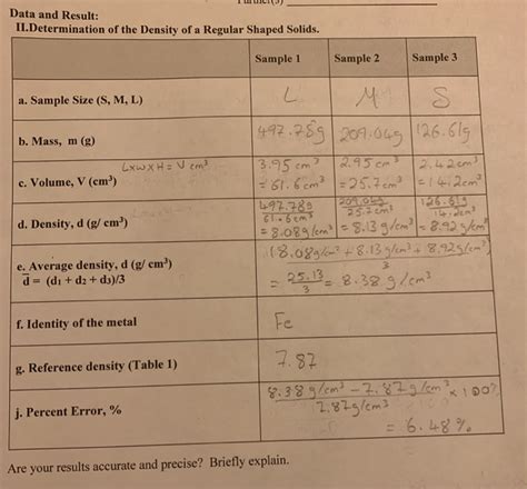 solved data and result ii determination of the density of a
