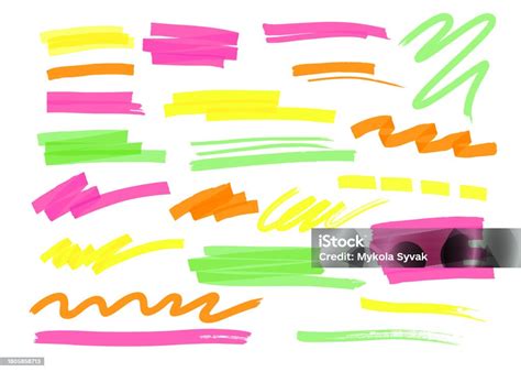 Colorful Hand Drawn Marker Highlighter Stripe Line Stroke Wavy Scribble Vector Illustration Set