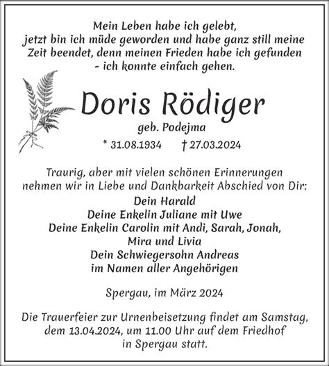 Traueranzeigen Von Doris Rödiger Abschied Nehmende