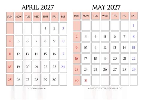 April May 2027 Calendar Printable