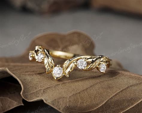 Vintage Leaf Moissanite Curved Wedding Band Vine Open Ring Nature