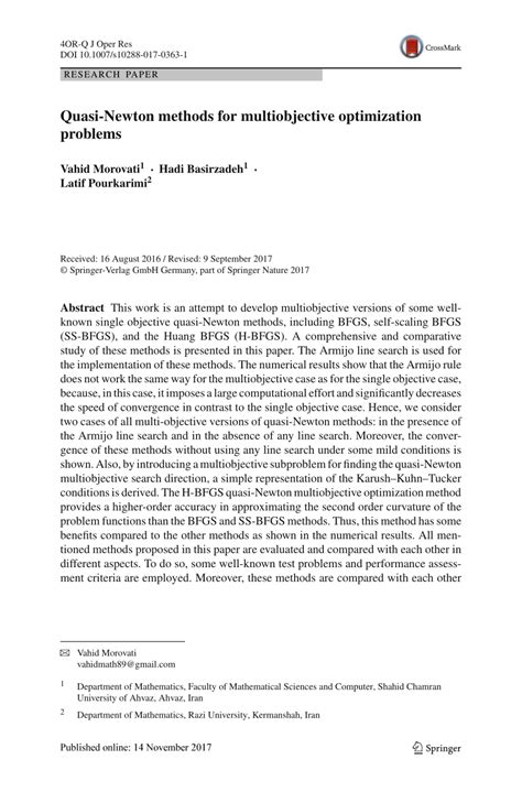 Pdf Quasi Newton Methods For Multiobjective Optimization Problems
