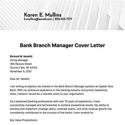 Free Bank Branch Manager Cover Letter Template To Edit Online