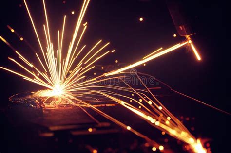 Brilliant Rays From Welding During Metal Processing Flying Apart Stock