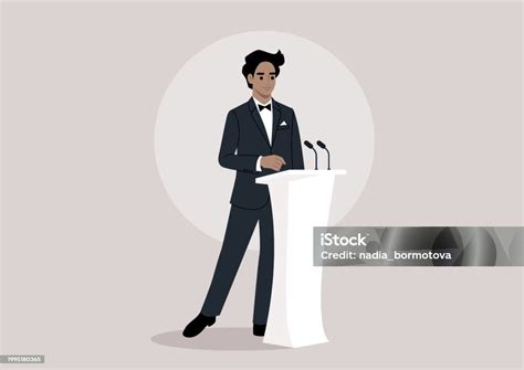Distinguished Orator Delivering An Eloquent Speech At A Podium A Poised