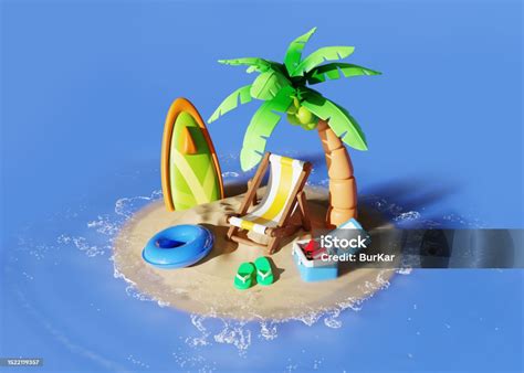 해변 의자 구명 부표 해변 슬리퍼 서핑 보드 야자수 음료와 모래가 있는 해변 냉장고가 있는 3d 그림 0명에 대한 스톡 사진 및 기타 이미지 Istock