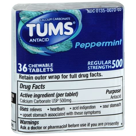 Tums Antacid Chewable Tablets Regular Strength Peppermint 36 Tb