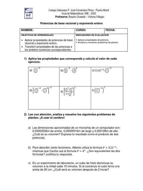 Guía 1me Potencias Con Base Racional Y Exponente Entero Pdf