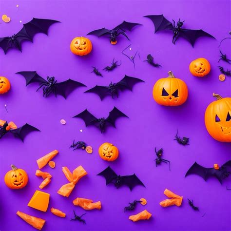 Premium Ai Image Top View Photo Of Halloween Decorations Bats Spiders Web Candy Corn Cats