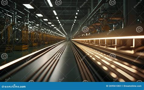 Discover The Advantages Of A Long Factory Assembling Conveyor Line Generative Ai Stock Image
