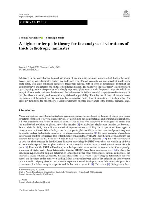 Pdf A Higher Order Plate Theory For The Analysis Of Vibrations Of Thick Orthotropic Laminates
