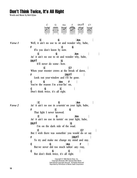 Dont Think Twice Its All Right By Bob Dylan Guitar Chordslyrics