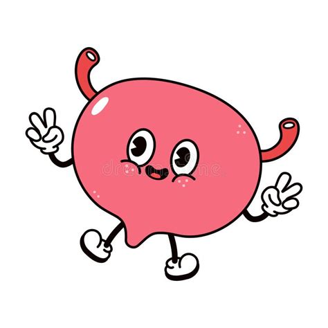 Jumping Bladder Character Vector Hand Drawn Traditional Cartoon Vintage Retro Kawaii