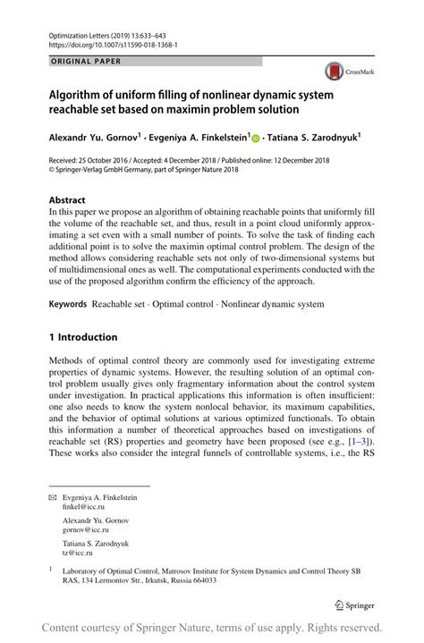 Algorithm Of Uniform Filling Of Nonlinear Dynamic System Reachable Set