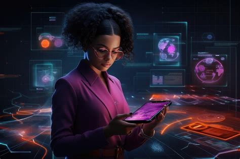 Premium AI Image African Businesswoman Working With Data And Tablet Hologram With Digital