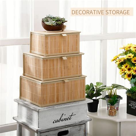 Honygebia Bamboo Decorative Storage Boxes Set Of 3 Woven Lined