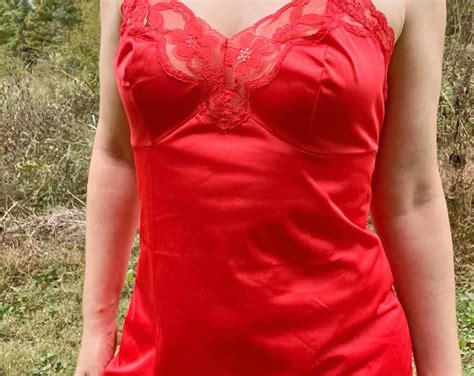 1970s Ruby Red Full Slip Dress Nightgown In Nylon With Lace Trim Etsy