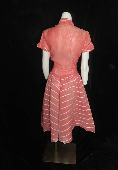 Vintage 1950s Semi Sheer Red And White Stripe Dress Size Small Medium