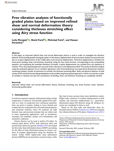 Pdf Free Vibration Analyses Of Functionally Graded Plates Based On Improved Refined Shear And