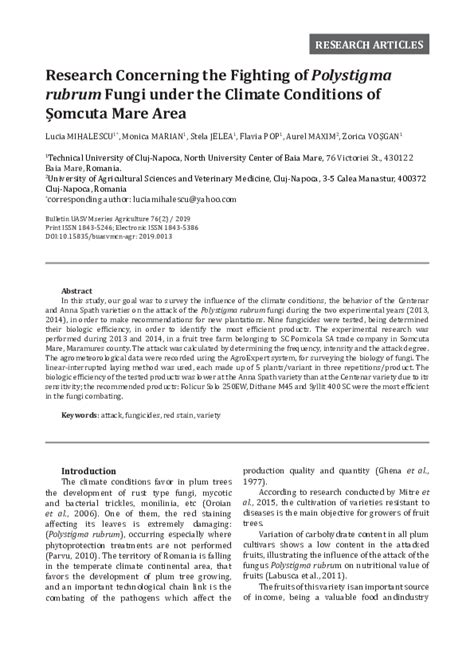Pdf Research Concerning The Fighting Of Polystigma Rubrum Fungi Under