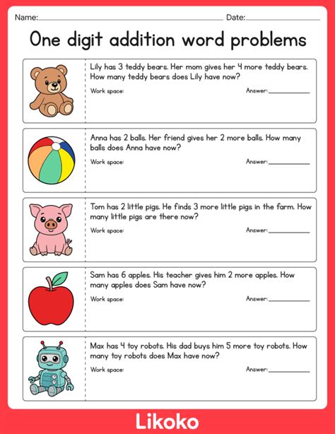 Single Digit Addition Word Problems Free Pdf