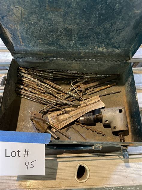 Metal Box With Assorted Drill Bits Right Angle Drill Chuck Maxsold