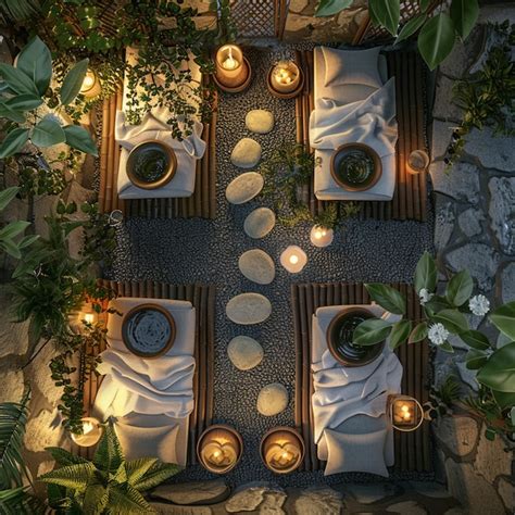 Top View Of A Tranquil Spa Setting With Candles Stones And Natural