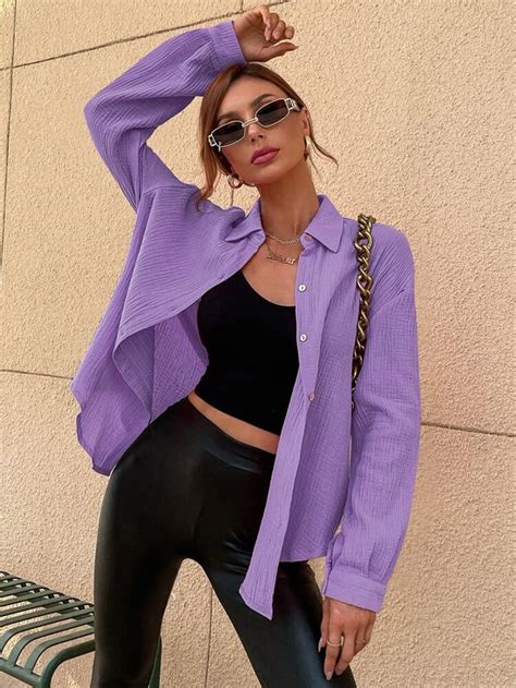 Solid Drop Shoulder Shirt Roupas Casuais Roupas Casuais Para Faculdade Roupa Roxa