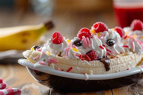 Cute Banana Split Dessert With Toppings And Whipped Cream Chinese Food Background Background