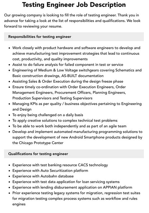 Testing Engineer Job Description Velvet Jobs