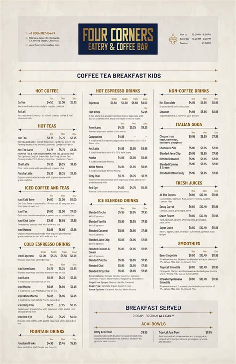Menu At Four Corners Eatery And Coffee Bar Redlands 505 New Jersey St