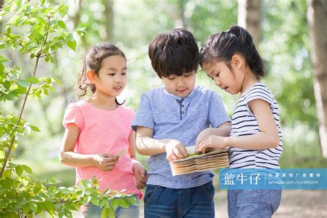 儿童在树林里采集树叶做标本 蓝牛仔影像 中国原创广告影像素材